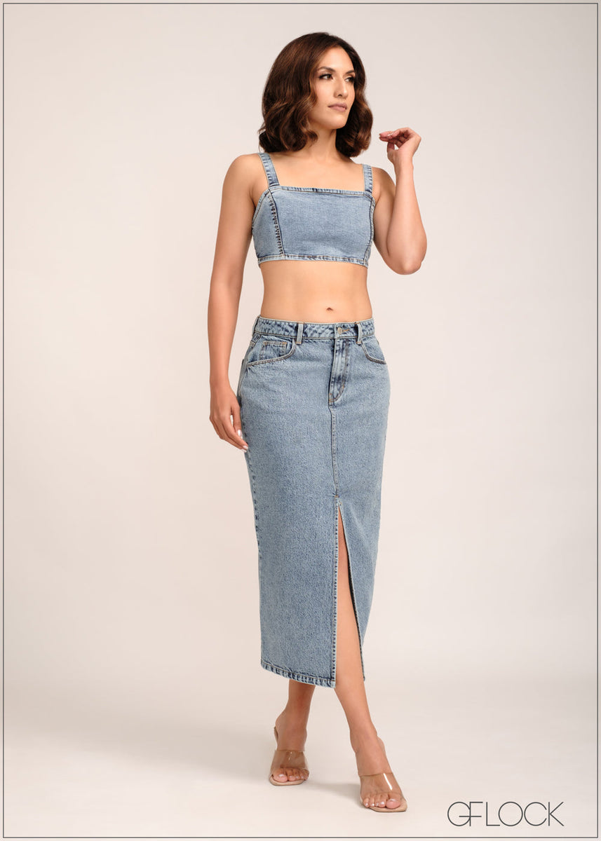 Denim Smocked Crop Top - 301223 – GFlock Global